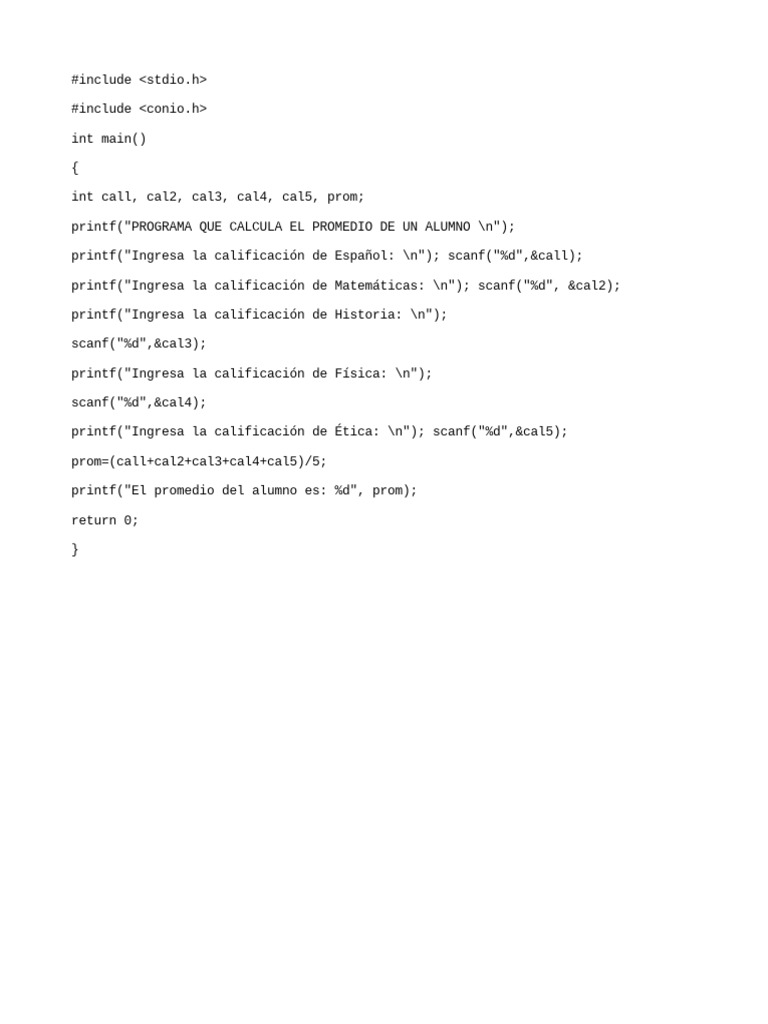 Práctica 5. Programa Que Cálcula El Promedio de Cinco Materias | PDF | Métodos y materiales de ...