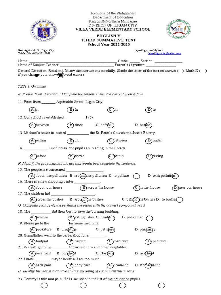 Grade 5 English Summative Test 2023 | PDF