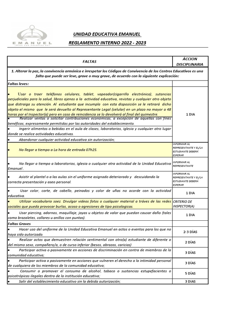 Reglamento Interno Emanuel | PDF