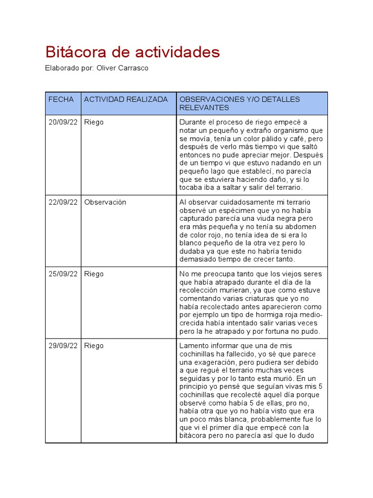 Bitácora de actividades | PDF