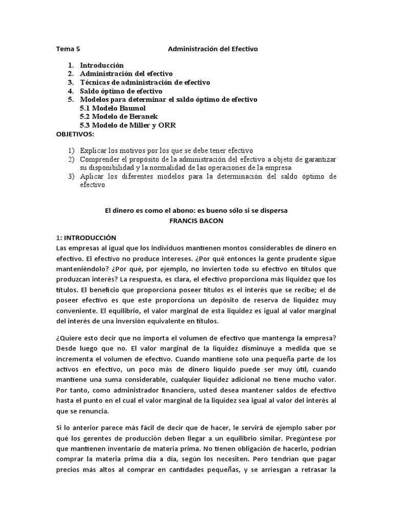 Tema 5 Administración Del Efectivo | PDF