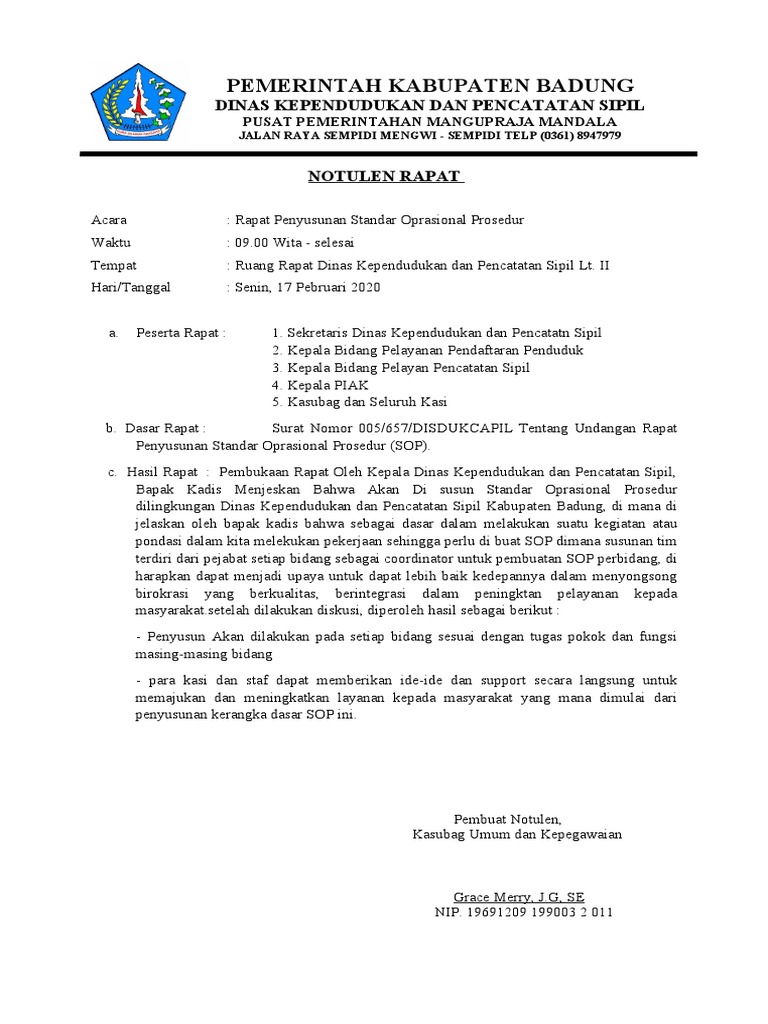 Notulen Rapat Rutin Capil Badung | PDF