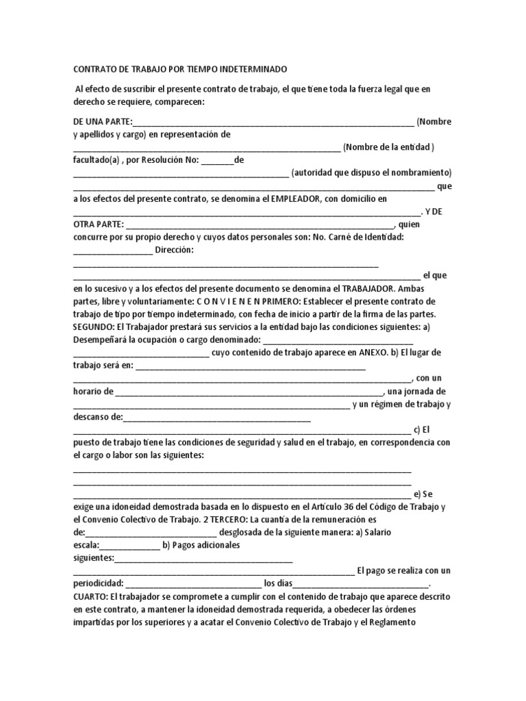 Contrato de Trabajo Por Tiempo Indeterminado | PDF | Derecho laboral | Salario