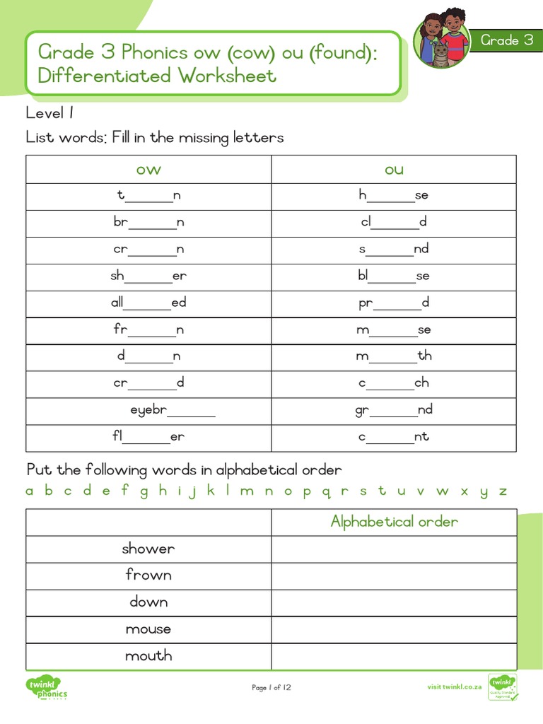 Grade 3 Phonics: ow and ou Activities | PDF | Phonics | Written ...