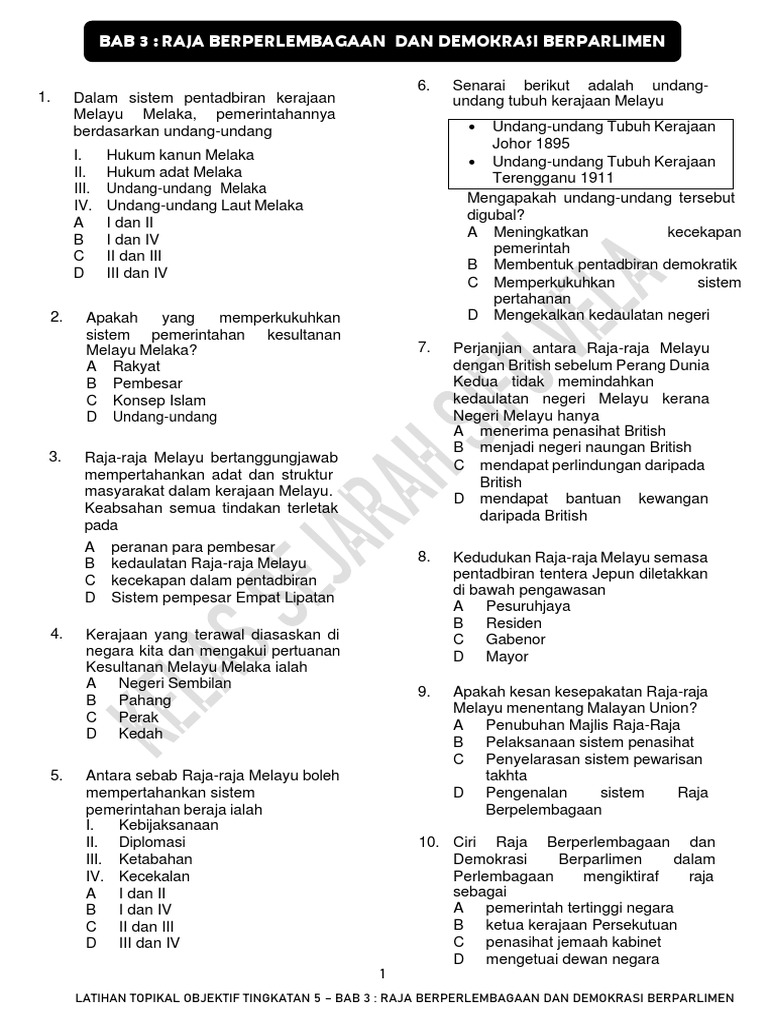 Soalan Objektif Topikal Tingkatan 5 Bab 3 | PDF