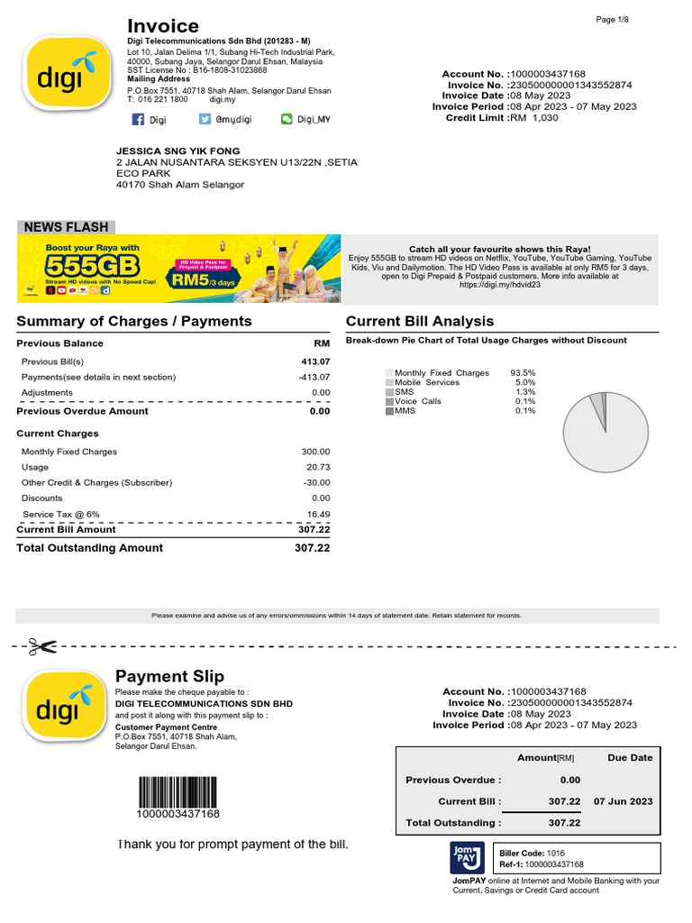 Digi Postpaid Bill Summary 2023 | PDF | Cheque | Payments
