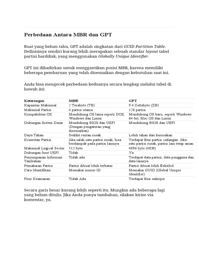 Perbedaan Antara MBR Dan GPT | PDF