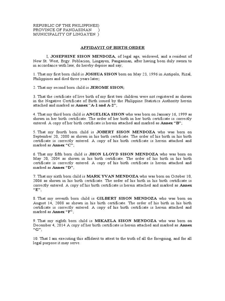 Affidavit of Birth Order for Sison Family | PDF | Social Science | Law