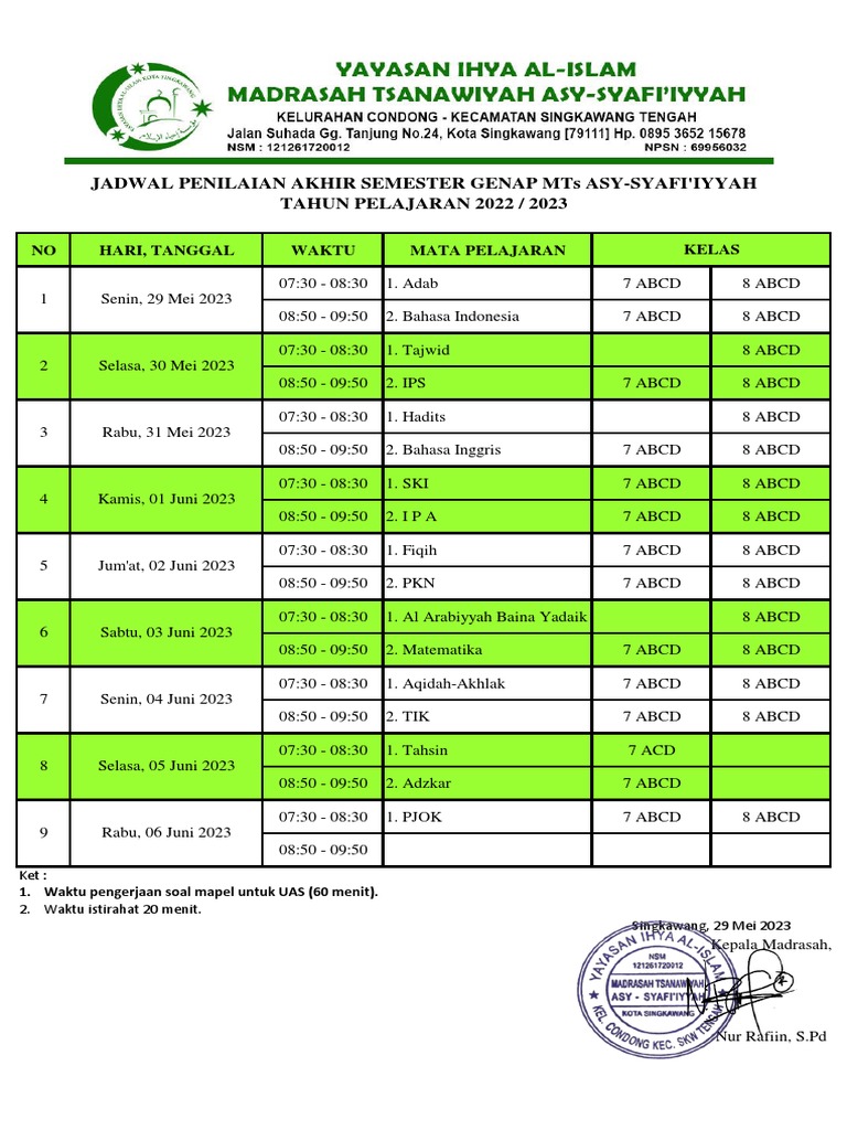 Jadwal PAT Semester Genap 2022-2023 | PDF