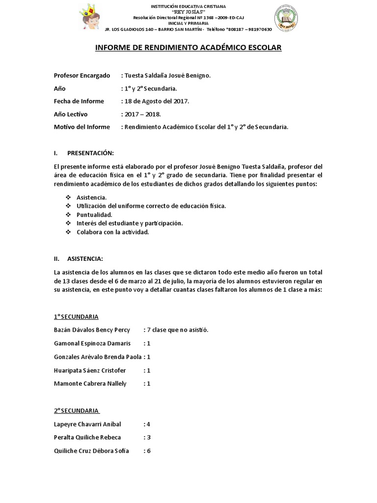 INFORME DE RENDIMIENTO ACADÉMICO ESCOLAR | PDF