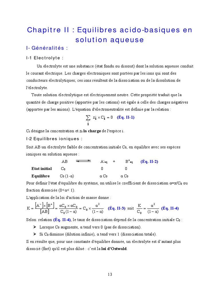 Équilibres acido-basiques en solution | PDF | Dissociation (chimie) | Acide