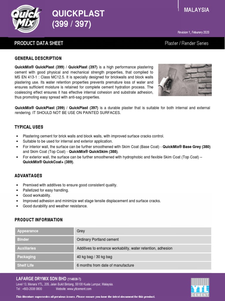 TDS - QuickMix QuickPlast (399,397) - 2020 | PDF | Plaster | Cement
