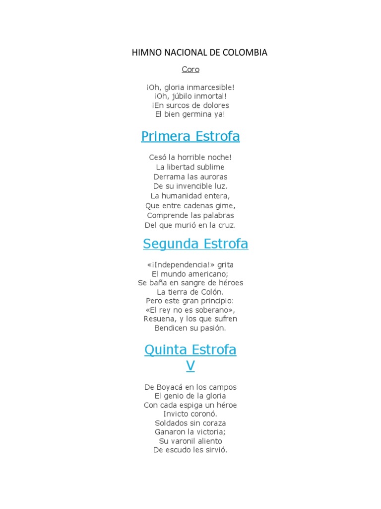Estrofas Y Coro Del Himno De Colombia Pdf Historia Clásicos