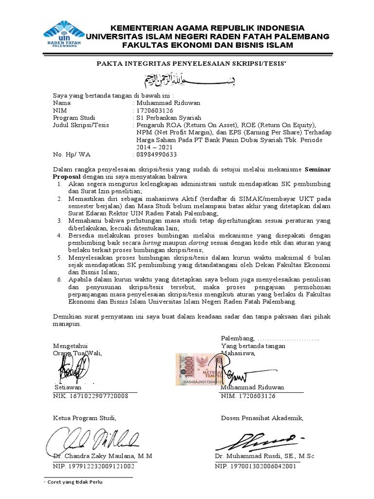 Draft Pakta Integritas Penyelesaian TA FEBI - 08-7-2022 | PDF