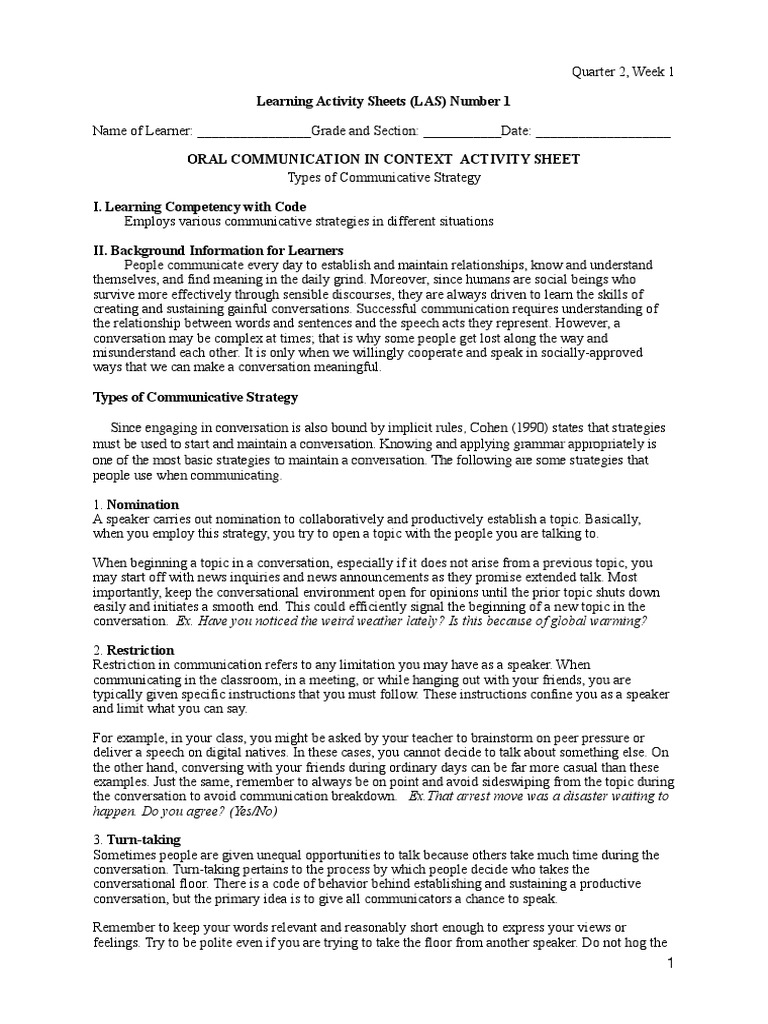Oral-Com Q2 Week-1 | PDF | Conversation | Communication