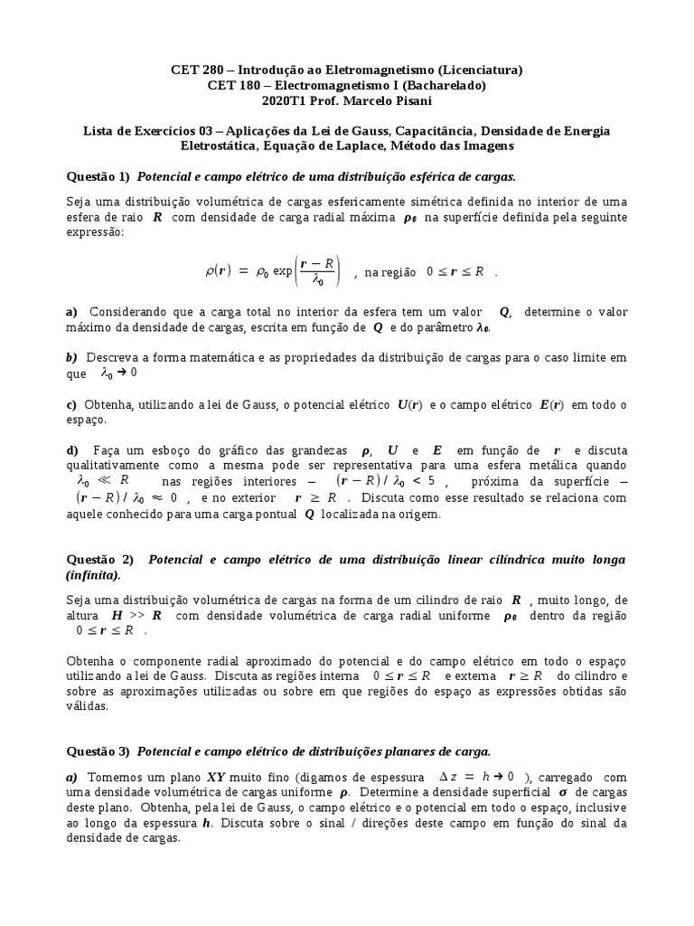 Eletromag - Lista 03 | PDF | Capacidade elétrica | Campo elétrico