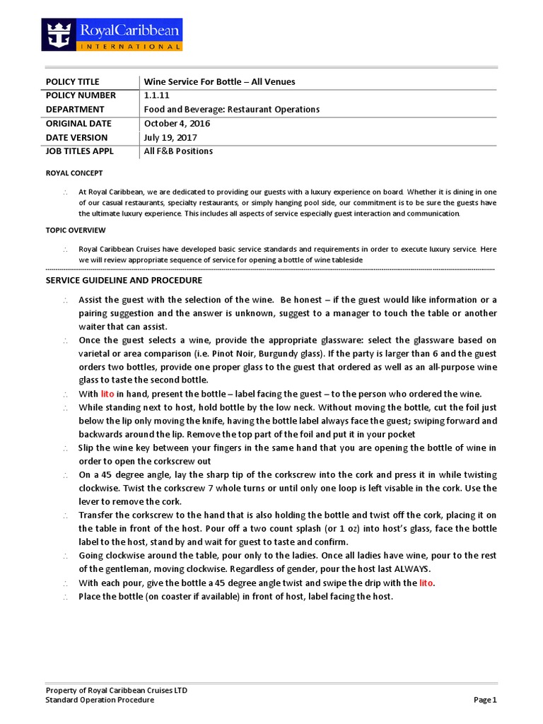 Tableside Wine Service Procedure | PDF | Restaurants | Wine