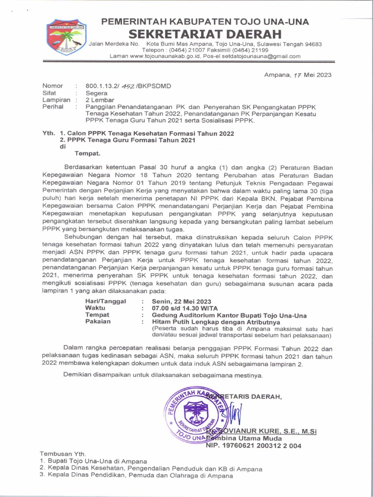 Surat Panggilan Penandatangan Pk Dan Penyerahan Sk Pppk Nakes 2022 Dan