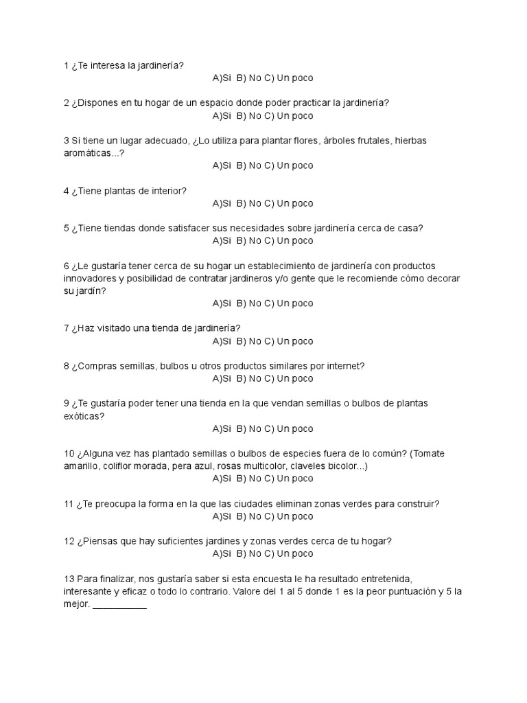 Encuesta sobre Intereses en Jardinería | PDF | Hogar, jardinería y ...