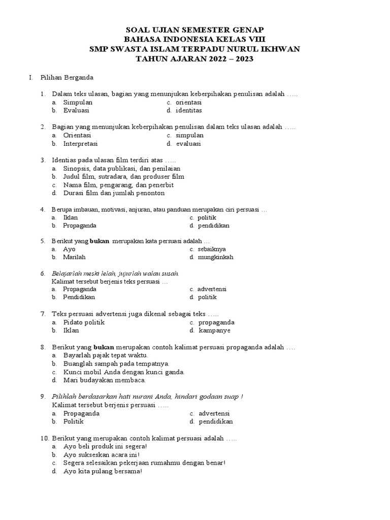 Ujian Sem Genap Kelas 8 Bu Hani | PDF
