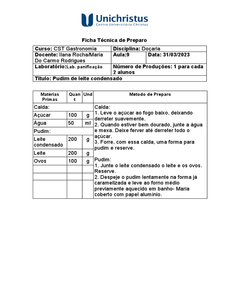 Ficha Técnica de Preparo Aula 9 - Pudim | PDF Ficha Técnica de Preparo Aula 9 - Pudim | PDF