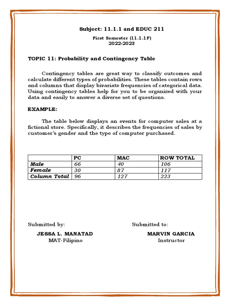 TOPIC 11 Probability and Contingency Table | PDF