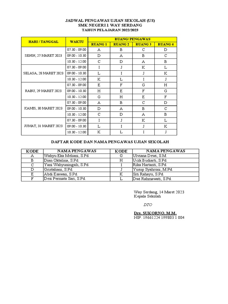 Jadwal Pengawas Us Tp. 2022-2023 | PDF