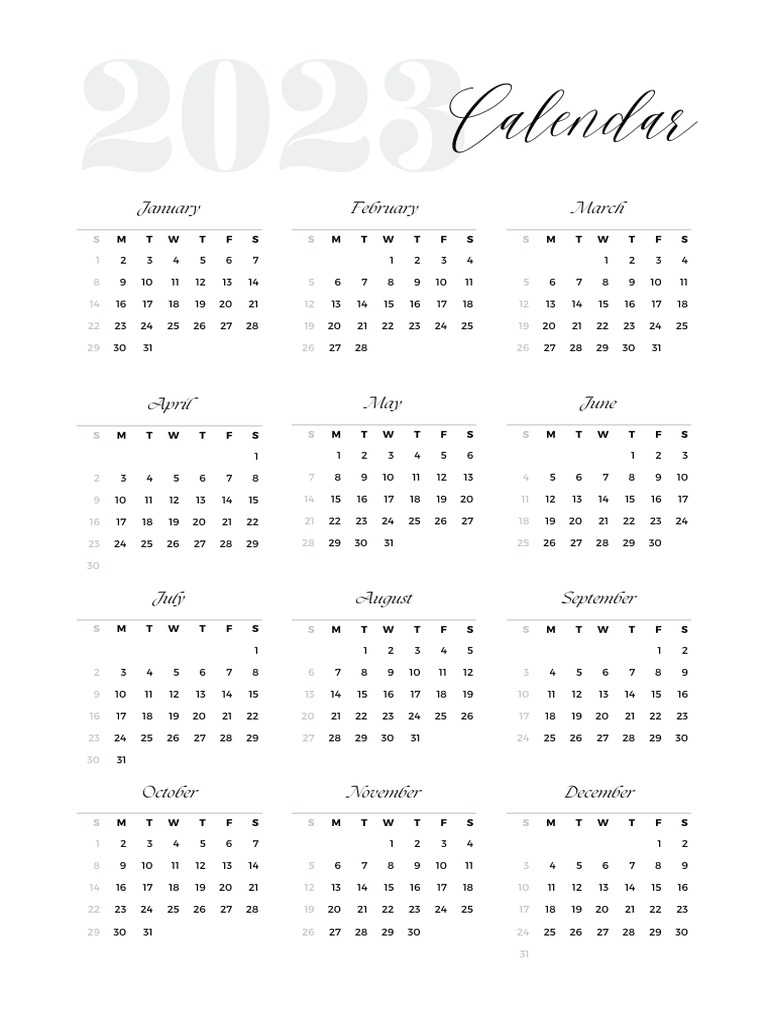 Black and White Simple Elegant 2023 Calendar | PDF