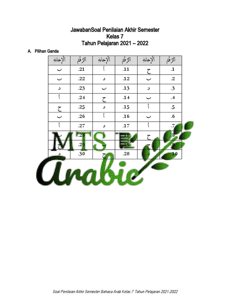 Jawaban Soal Penilaian Akhir Semester Bahasa Arab MTs Kelas 7 TP 2021-2022 - MTs Arabic | PDF