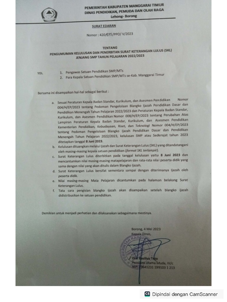 Surat Edaran Kelulusan Dan Penerbitan SKL SMP | PDF