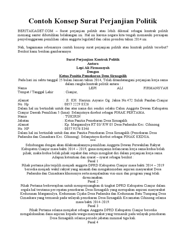 Contoh Konsep Surat Perjanjian Politik | PDF