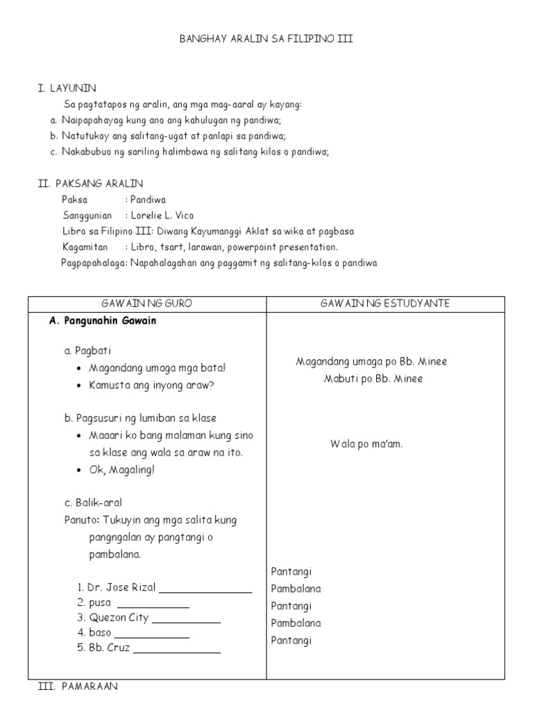 Banghay Aralin Sa Filipino III | PDF