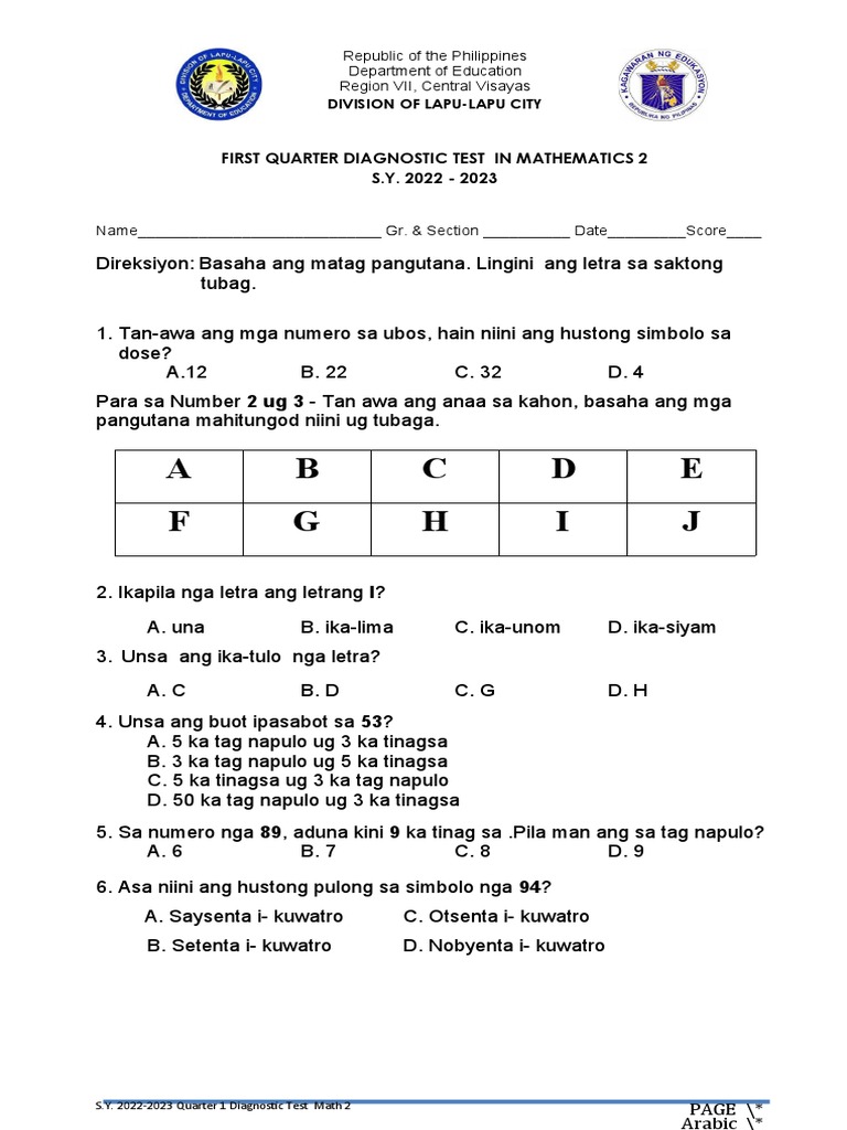Grade 2 Diagnostic Test in Mathematics | PDF