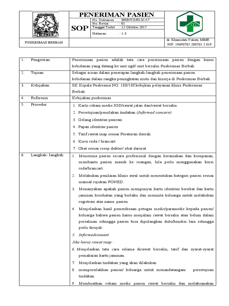 Sop Penerimaan Pasien | PDF