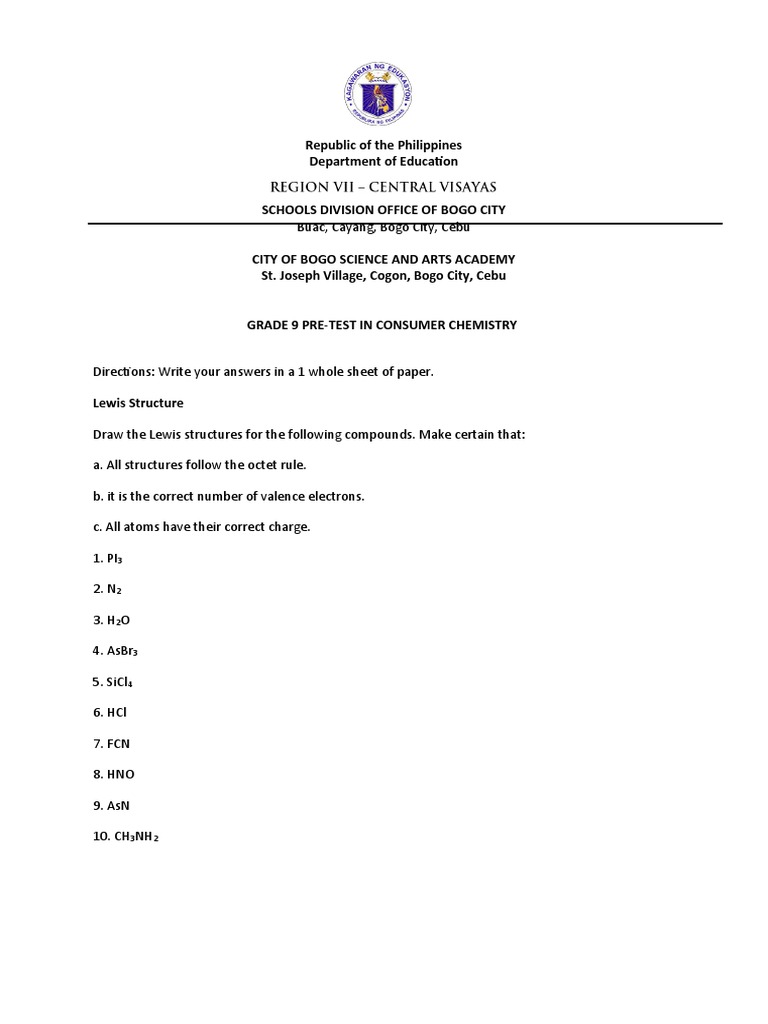 GRADE 9 PRE-TEST IN Consumer CHEMISTRY | PDF | Chemical Compounds | Alkane