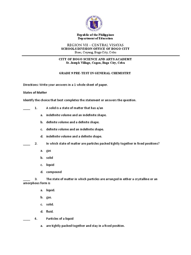 GRADE 9 PRE-TEST IN GENERAL CHEMISTRY With Answers | PDF | Mixture ...