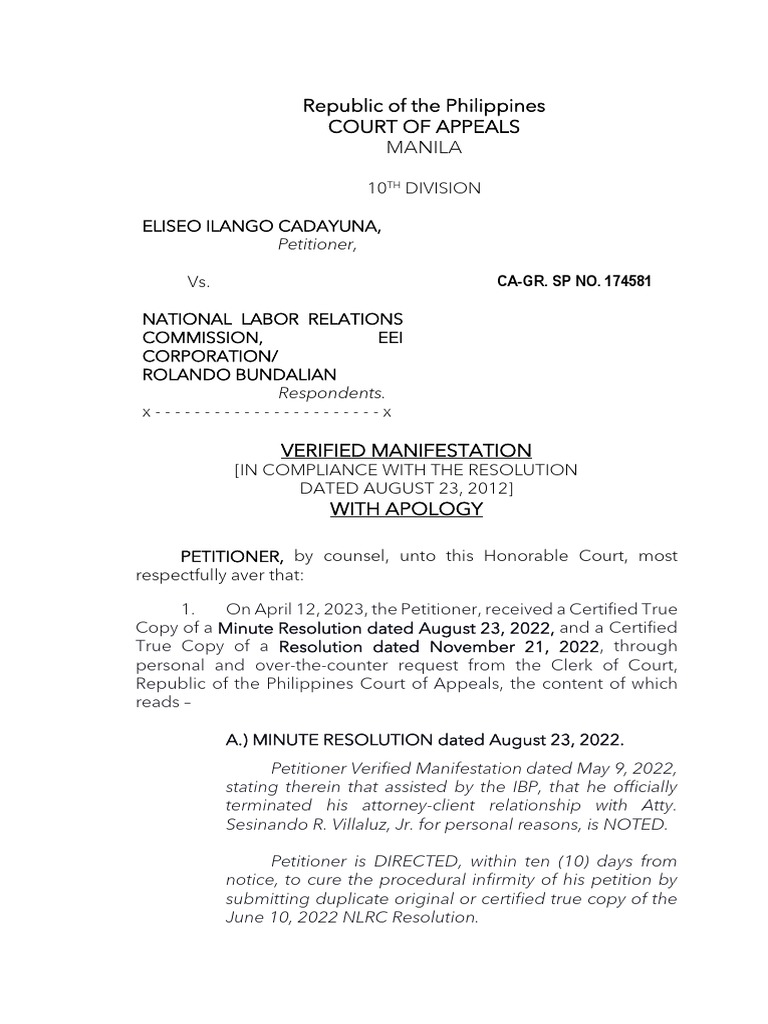 Manifestation With Belated Compliance and Apology | PDF