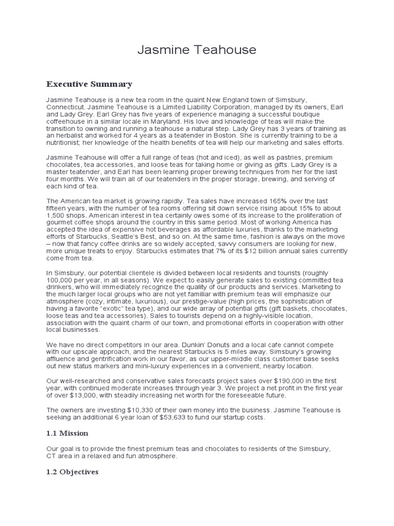 Jasmine Teahouse Business Plan | PDF | Tea | Depreciation