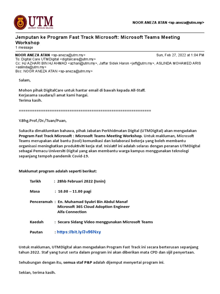 Permohonan Jemputan Ke Program Fast Track Microsoft Microsoft Teams Meeting Workshop | PDF ...