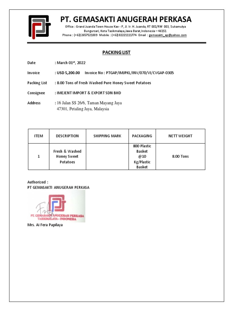 070-0305 Packing List Gap-Imjpklff | PDF