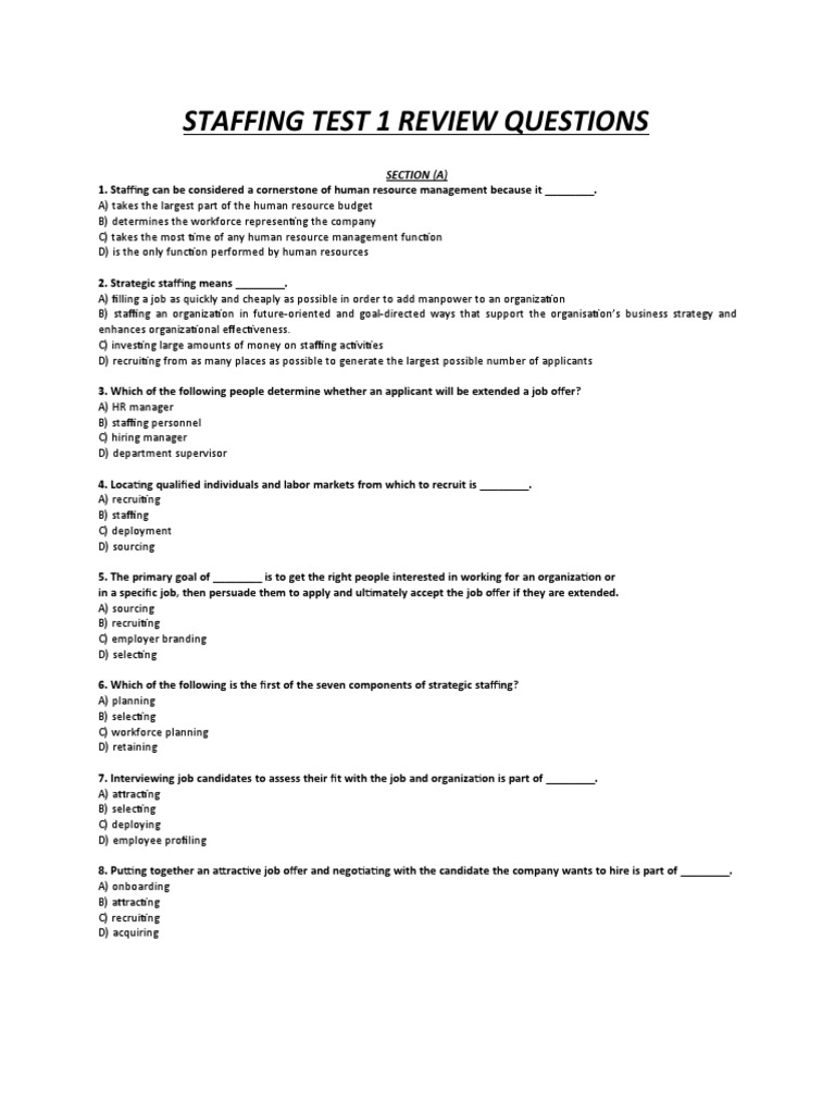 Staffing Test 1 Review Questions | PDF | Human Resources | Recruitment