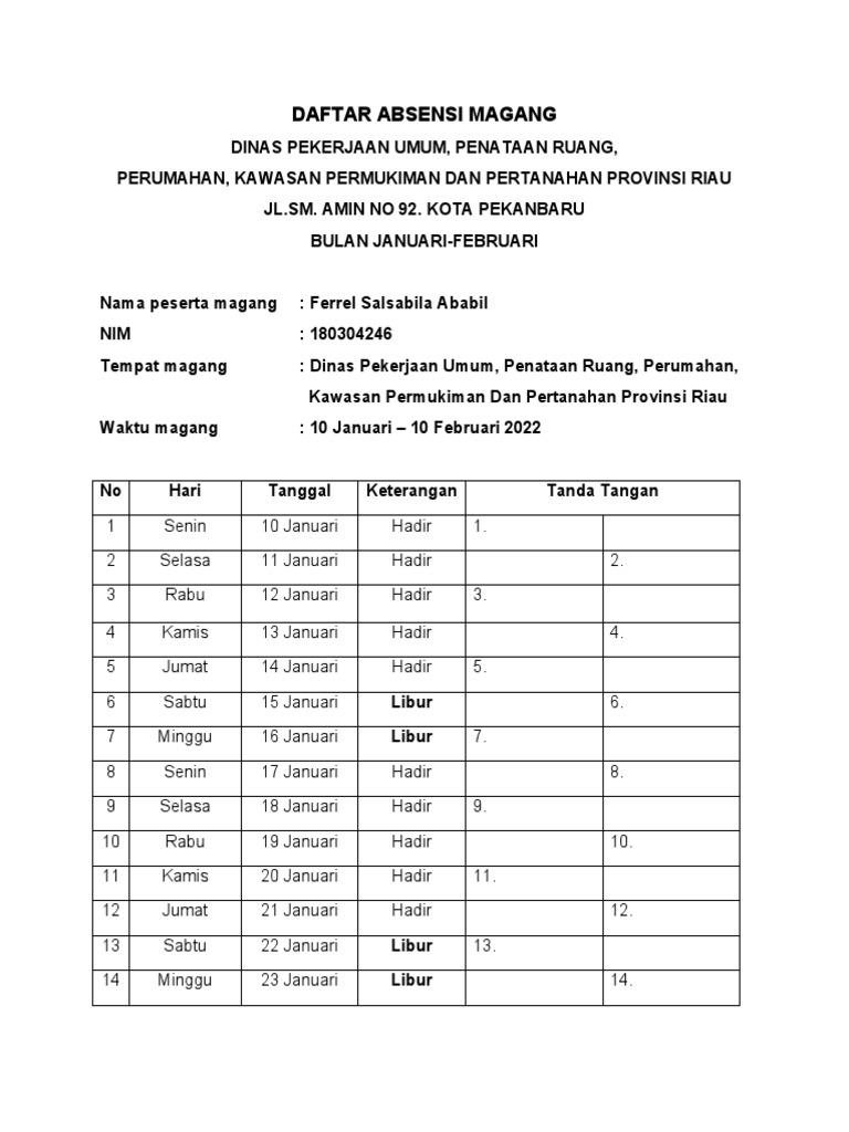 DAFTAR ABSENSI MAGANG Ferel | PDF