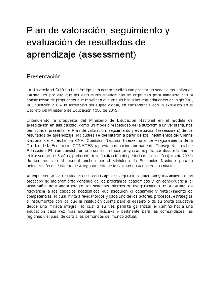 Plan de Valoración Seguimiento y Evaluación de Resultados de Aprendizaje PLAN DE ASSESSMENT ...