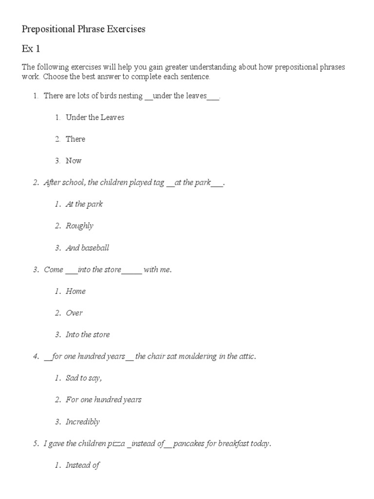 Prepositional Phrase Exercises and Key | PDF | Preposition And ...
