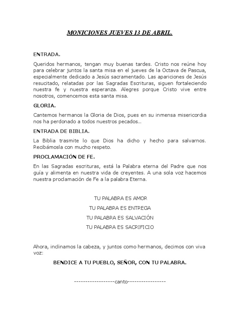 Moniciones Jueves 13 de Abril | PDF | Misa (liturgia) | Pascua de Resurrección