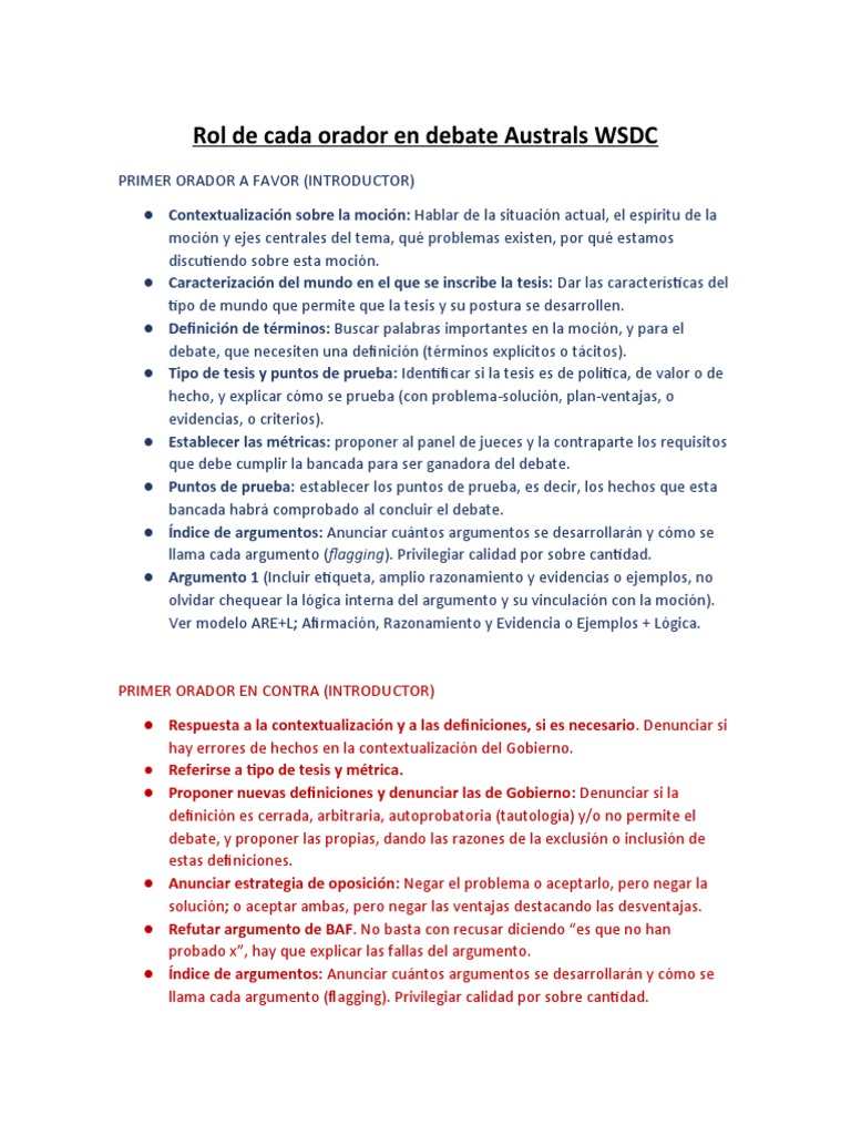 Rol de Cada Orador en Debate WSDC | PDF | Argumento | Hablar en público