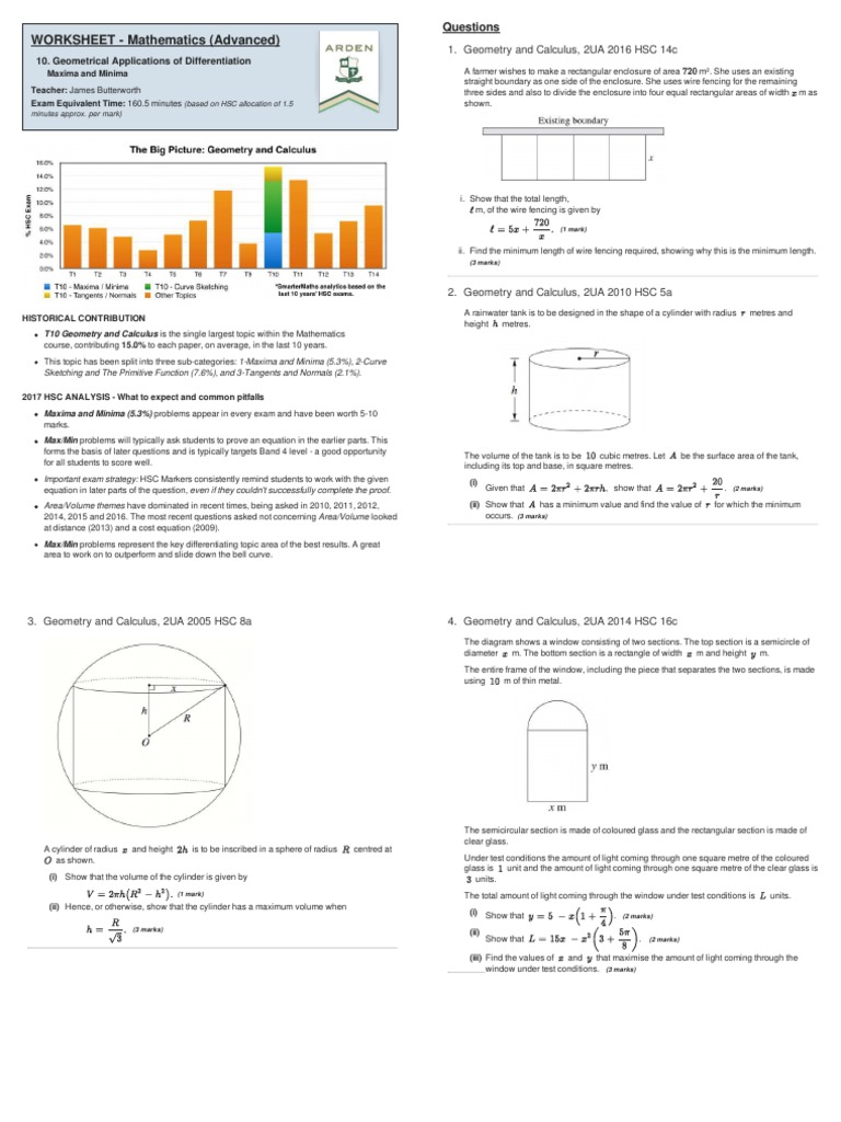 2019 MA Maxima and Minima Worksheet HSC Questions W Solutions | PDF ...