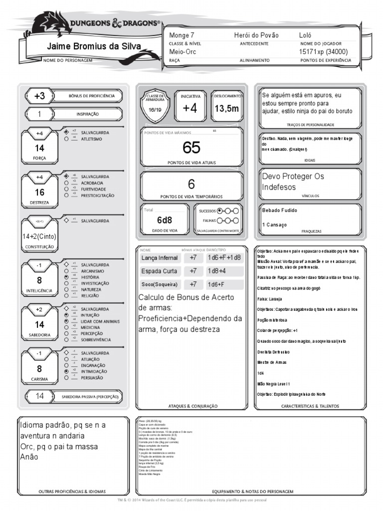 Ficha Jaime (Meio-Orc, Monge) | PDF