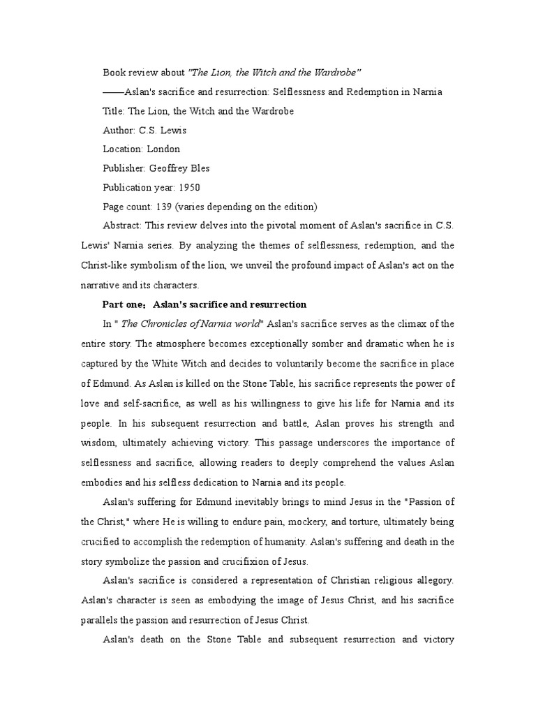 Part One Aslan's Sacrifice and Resurrection | PDF | Aslan | The ...