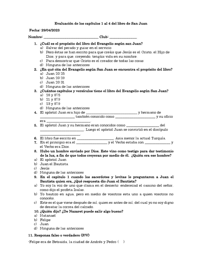 Evaluación de Los Capítulos 1 Al 4 Del Libro de San Juan | PDF | Jesús | Juan el apóstol